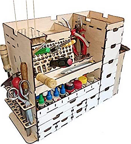 Hobby workbench organizers. For tools and paint and supplies.
