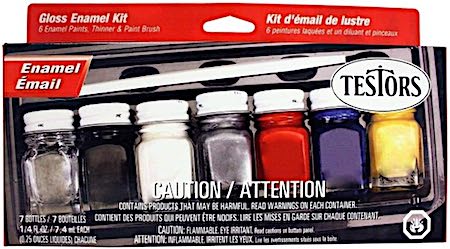 Testors hobby model paint both acrylic and anamel.